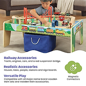 50 Piece Wooden Train Set with Activity Table & Storage Bin - 100% Hardwood Track, Engine, Oil Tanker, Caboose, Fire Engine, Station, Policeman, Farm Animals. Compatible with All Major Brands