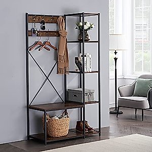 VECELO Coat Rack Shoe Bench,Hall Tree with 7 Hooks Entryway Storage 4-Tier Shelves and 1-Tier Shoe Shelf,Wood Look Accent Furniture Metal Frame,4 in 1 Design, Easy Assembly,Brown
