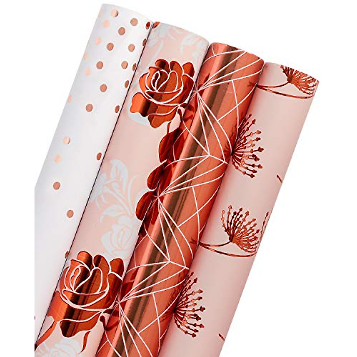 WRAPAHOLIC Wrapping Paper Roll - Rose Gold Floral, Dandelion, Lines and Polka Dots for Wedding, Birthday, Baby Shower - 4 Rolls - 30 inch X 120 inch Per Roll