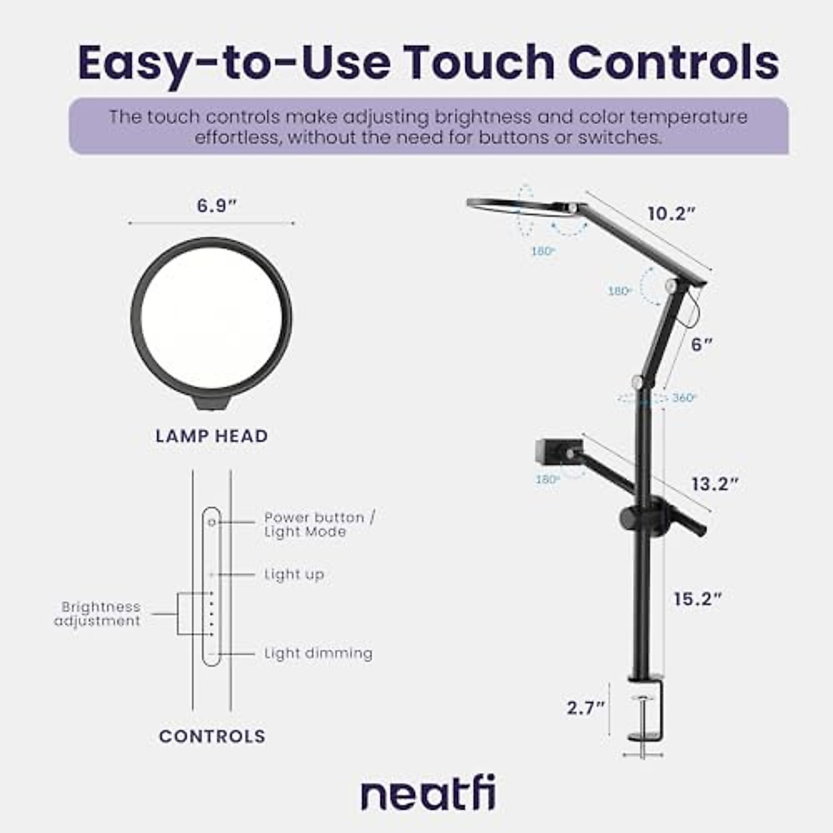 Neatfi Multi-Functional Desk Lamp, Dimmable, 3 Light Modes, 5 Brightness Levels, Zoom/Webcam Light, Touch Controls, USB/Plug Powered, Adjustable Arm (with Phone Holder and Clamp)