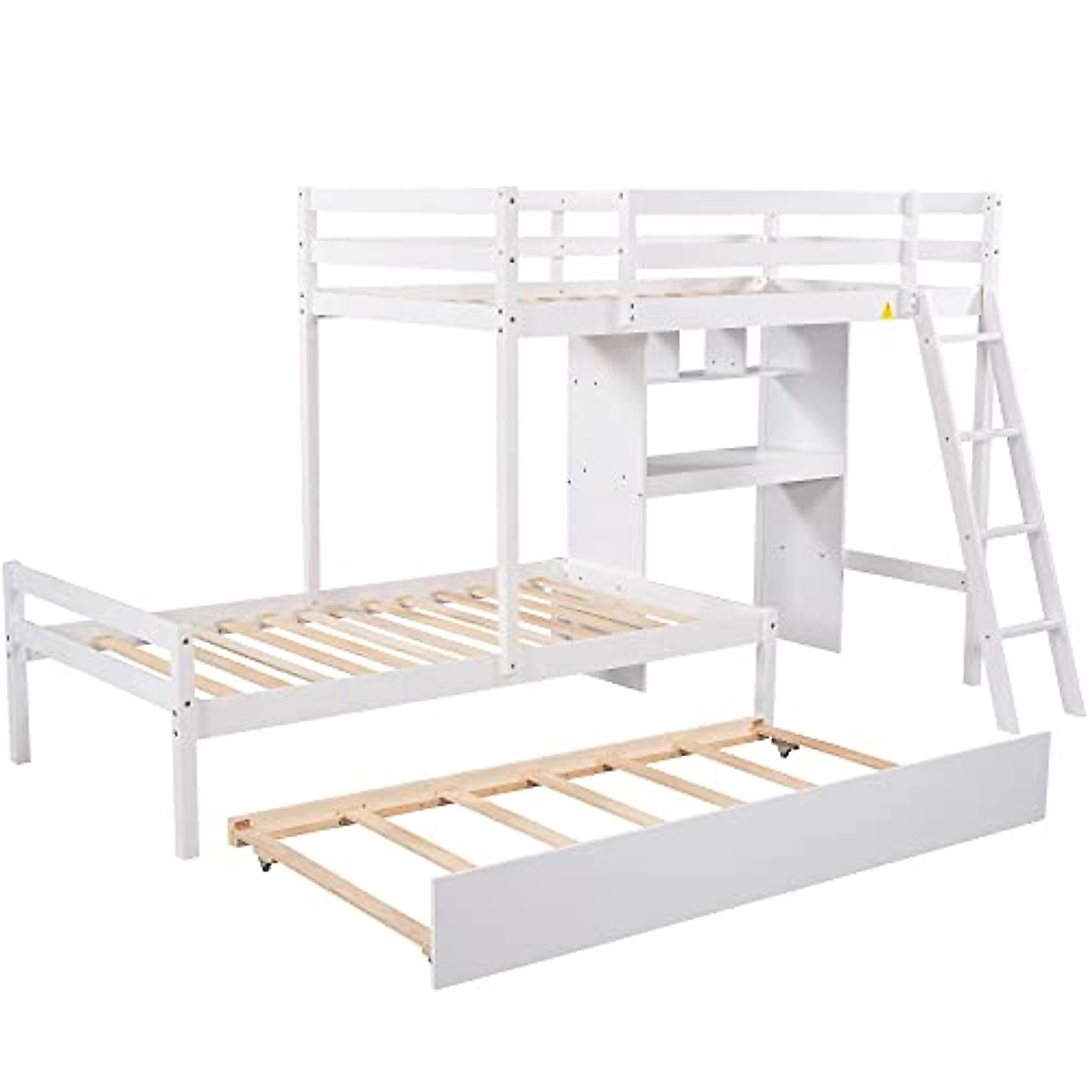 MOEO Twin Over Twin Bunk Bed with Trundle and Ladder for Kids, Adults, Wooden Bunkbed Frame w/Convertible Built-in Desk & Down Bed, Save Space, No Box Spring Required, White