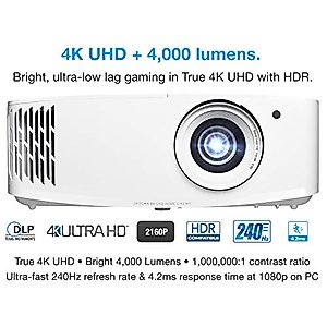 Optoma UHD38 Bright, True 4K UHD Gaming Projector | 4000 Lumens | 4.2ms Response Time at 1080p with Enhanced Gaming Mode | Lowest Input Lag on 4K Projector | 240Hz Refresh Rate | HDR10 & HLG