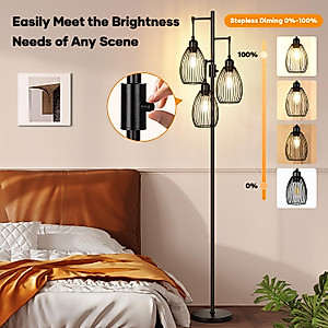 Dimmable Floor Lamp, 3 x 800LM LED Edison Bulbs Included, Farmhouse Industrial Floor Lamp Standing Tree Lamp with Elegant Teardrop Cage Heads Tall Lamps for Living Room Bedroom Office Dining Room