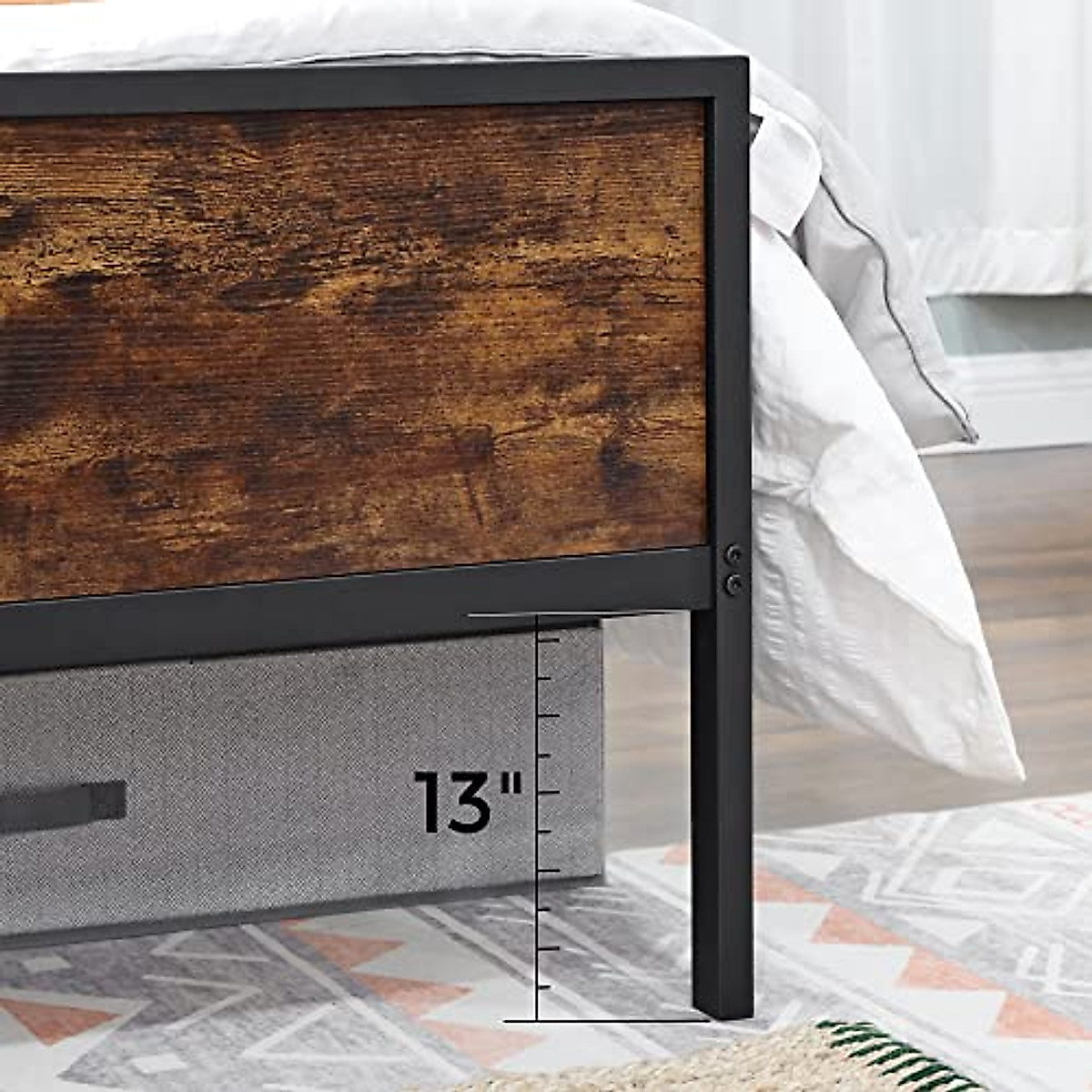 VASAGLE Queen Size Metal Bed Frame with Headboard, Footboard, No Box Spring Needed, Platform Bed, Under-Bed Storage, Industrial Style, Rustic Brown and Black URMB001B01