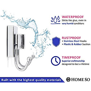 HOME SO Suction Cup Hooks for Shower, Bathroom, Kitchen, Glass Door, Mirror, Tile – Loofah, Towel, Bath Robe Removable Hook Holder – Prisma Collection, Stainless Steel Chrome (2-Pack)…
