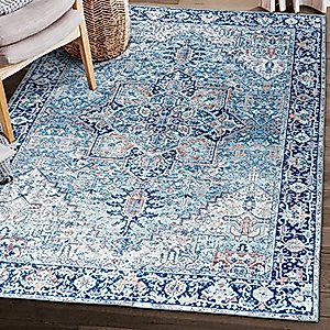 ReaLife Machine Washable Rug - Stain Resistant, Non-Shed - Eco-Friendly, Non-Slip, Family & Pet Friendly - Premium Recycled Fibers - Vintage Distressed Traditional - Blue, Ivory, Orange, 5' x 7'
