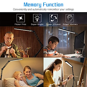 TROPICALTREE LED Desk Lamp with Clamp and Round Base,Eye Caring Table Lamp with Swing Arm,3 Color Modes 10 Brightness Levels,Memory Function, Desk Light for Home Office with USB Adapter Black-14W