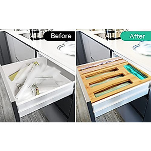 Foil and Plastic Wrap Organizer with Ziplock Bag Storage Organizer for Kitchen Drawer,Bamboo Wood Foil Dispenser with Cutter, Food Bag Holders for Sandwich, Snack, Gallon, Quart Bags