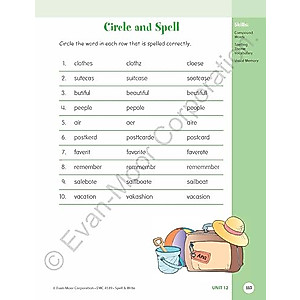 Evan-Moor Skill Sharpeners Spell and Write Workbook, Grade 3, 120 Spelling Words, Test Prep, Word Families, Short Vowels, Grammar, Punctuation, Creative Writing, Vocabulary, Activities, Homeschool