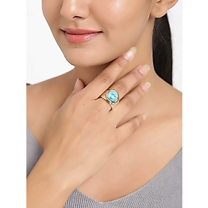 YoTreasure 13 MM Larimar Wide Band Hammered Ring .925 Sterling Silver Brass (10)