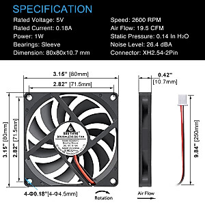 Gdstime 80mm x 80mm x 10mm DC 5V Brushless Cooling Fan 2PIN