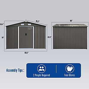 MIRAFIT Storage Shed 8x10 Ft, Outdoor Storage Cabinet Galvanized Steel Sheds with Sliding Door, Garden Metal Shed for Tool, Bike, Lawn Mower, Backyard, Patio,Olive Gray