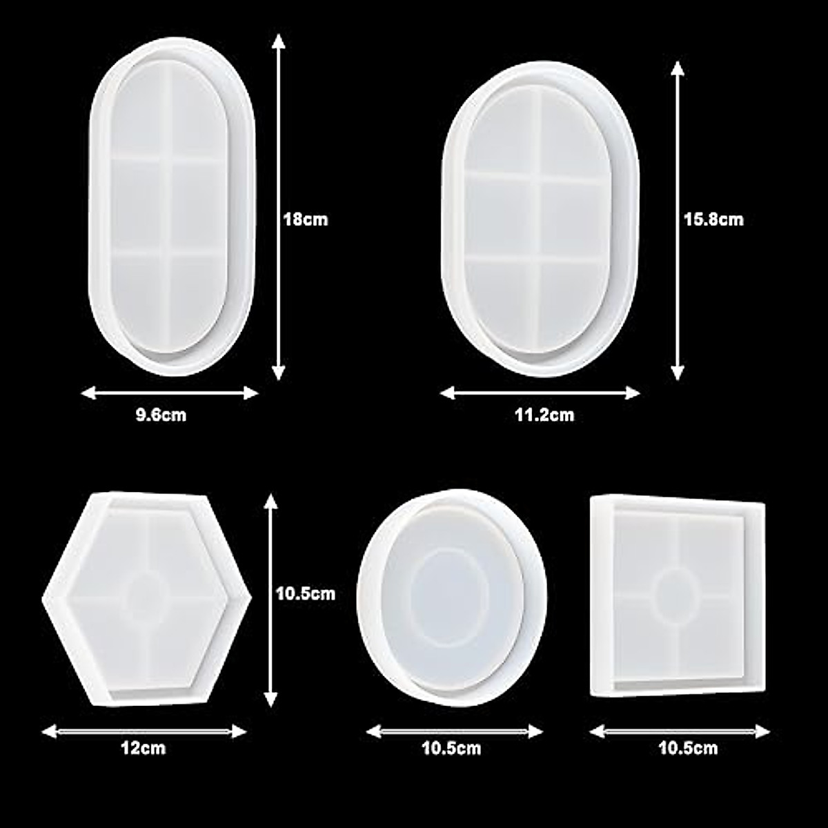 EPODA 5pcs Resin Tray Molds, Silicone Tray Mold, Round, Hexagon, and Square Epoxy Resin Casting Molds for Coaster Tray Making