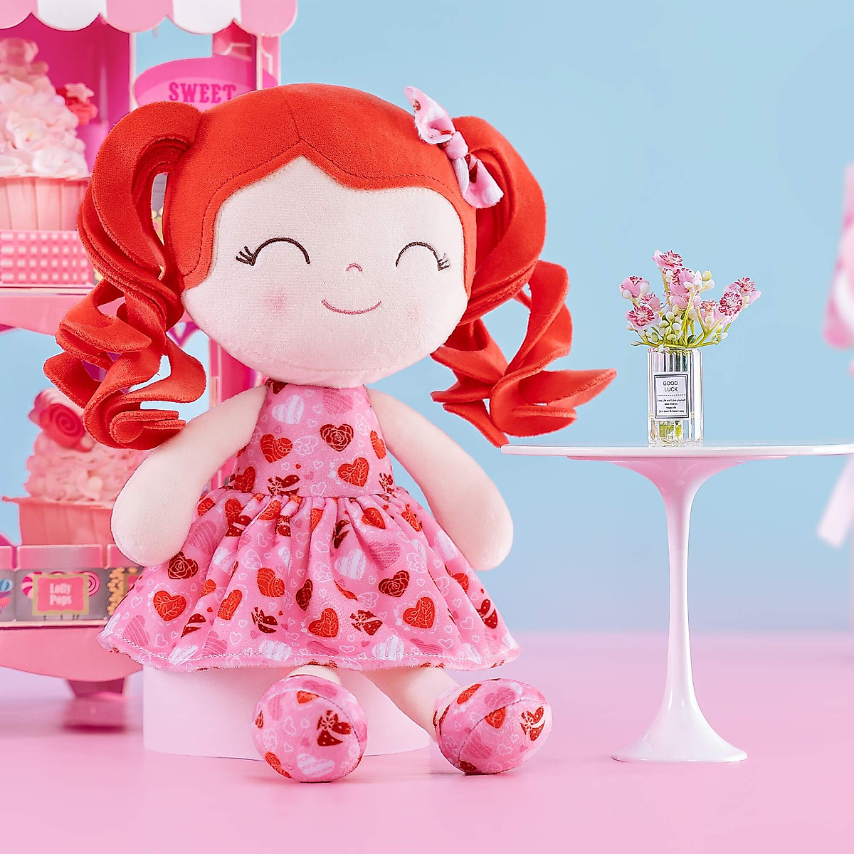 Gloveleya Soft Dolls Plush Figure Key Chain Curly Hair Red Hair Heart Dress Baby Doll 12inches