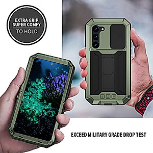 FW Samsung Galaxy S23 Ultra Metal Case with Slide Camera Cover Built in Screen Protector Full Body Hybrid S23 Ultra Case Metal Kickstand Military Heavy Duty Armor Silicone Case for Man Woman (Green)