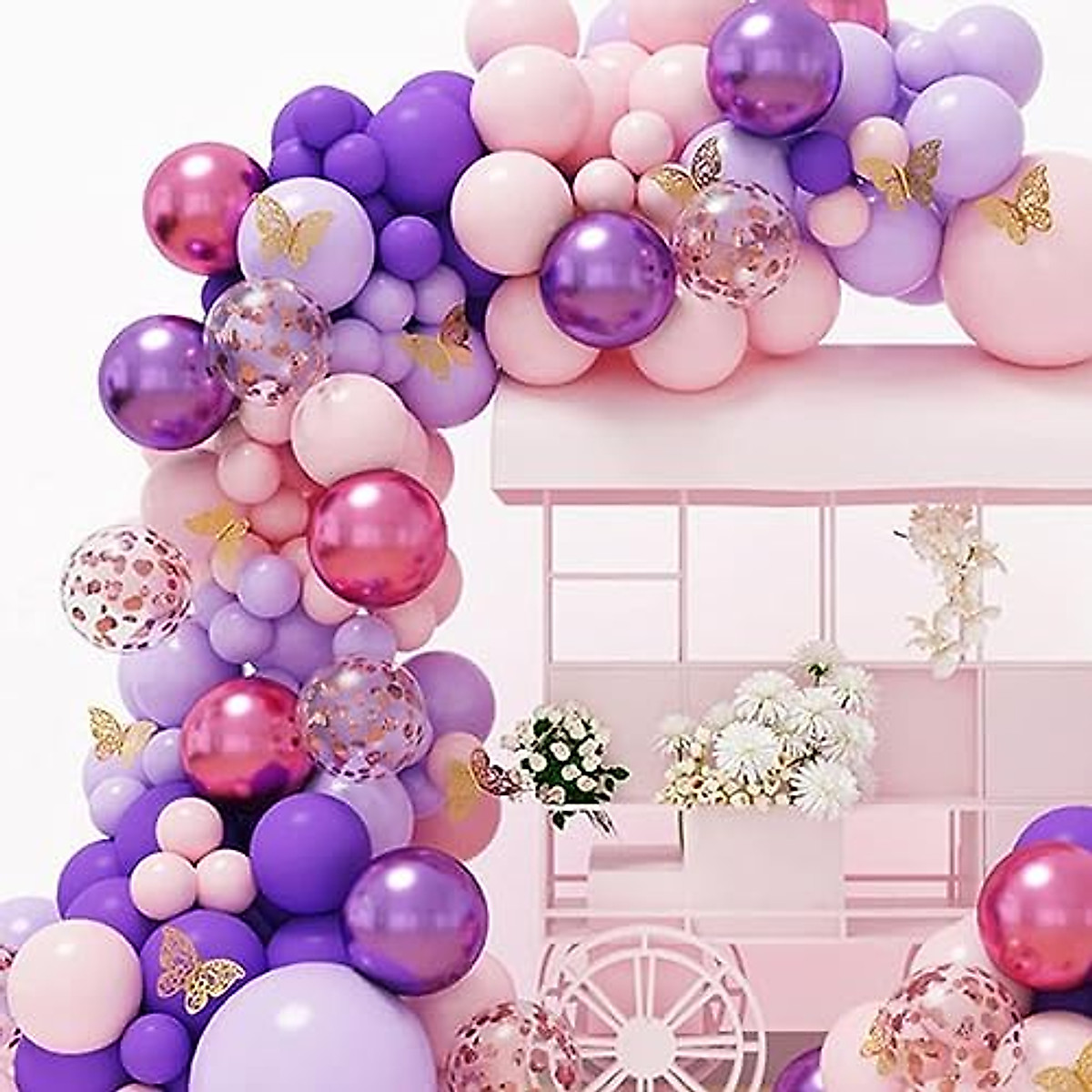 Purple and Pink Balloon Arch Kit, Pink Purple Gold Balloons Garland Kit with Butterfly Sticker for Purple Theme Birthday Party Bridal Wedding Decorations Baby Shower for Girl Women