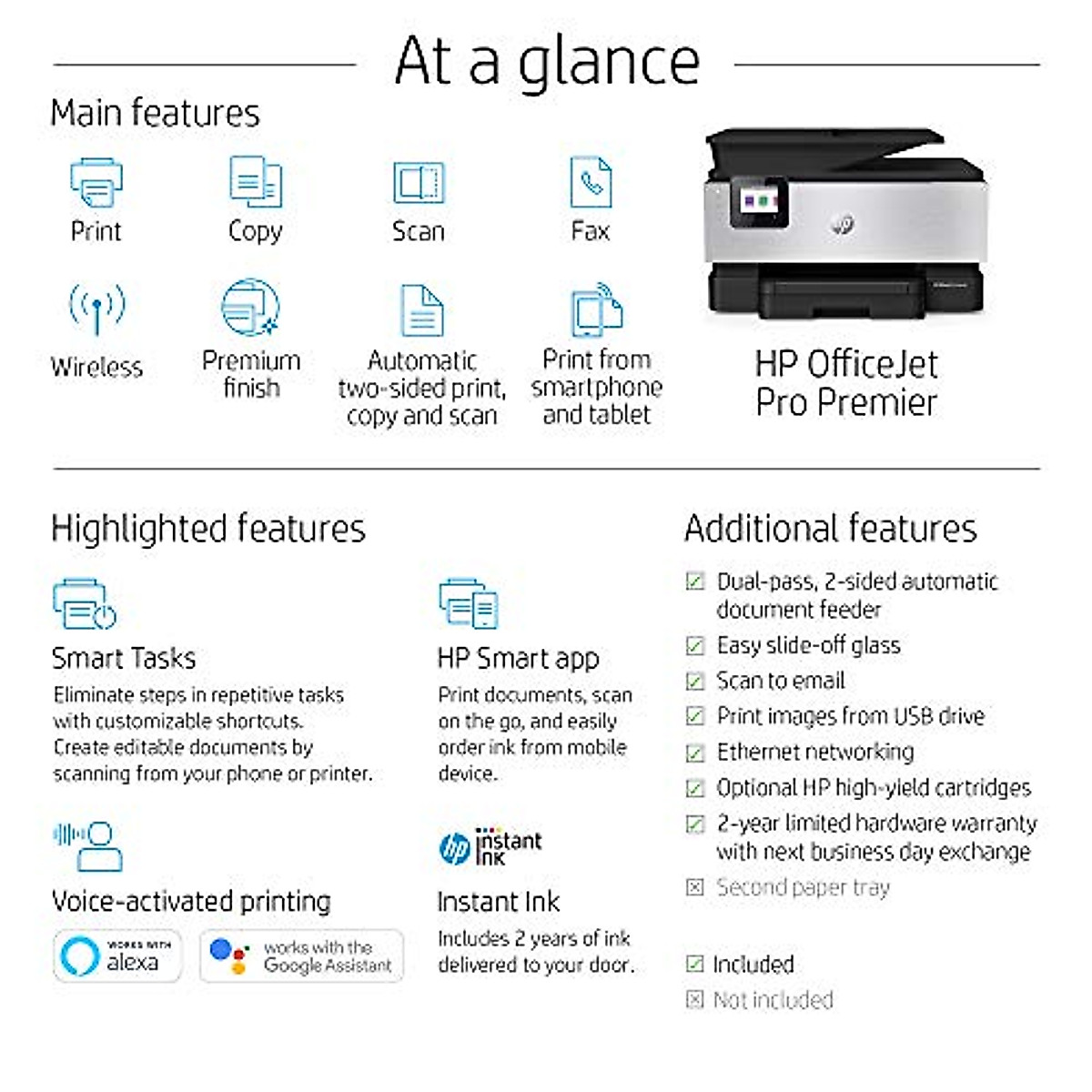 HP OfficeJet Pro Premier All-in-One Wireless Printer - includes 2 Years of Ink Delivered, plus Smart Tasks Smart Office Productivity, Works with Alexa (1KR54A)