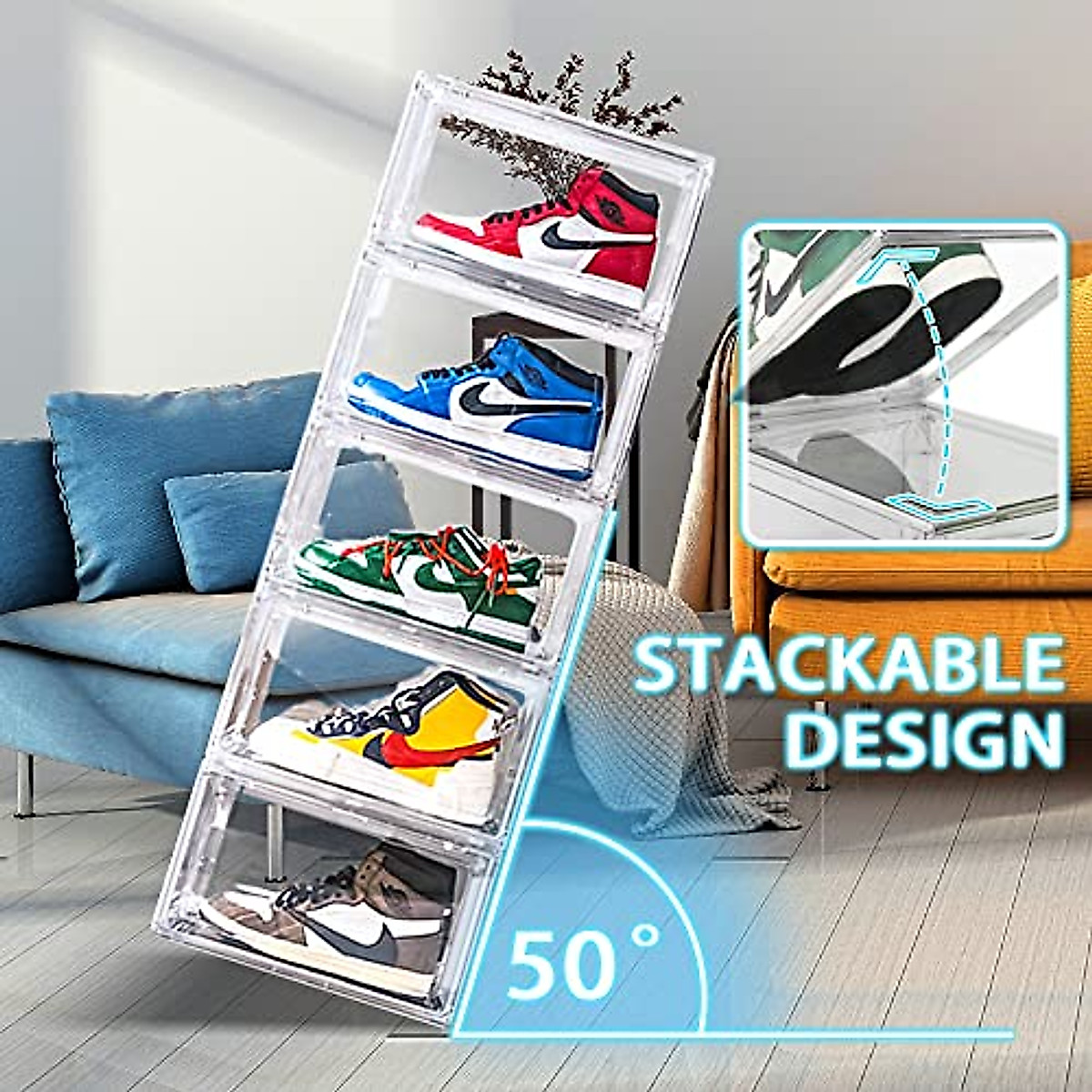 DAYOOH Shoe Boxes Clear Plastic Stackable Clear Sneaker Acrylic Sneaker Display Case Magnetic Shoe Organizer Containers with Lids Caja De Zapatos Transparente - 10Pack Size 15