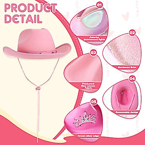 Funnysoft 6 Pcs Pink Cowgirl Party Hat Set Country Western Hat Cowboy Hat with Fluffy Feathers Light up Pink Cowgirl Hat for Men Women Adult Costume Bachelorette Dress up Party Favor