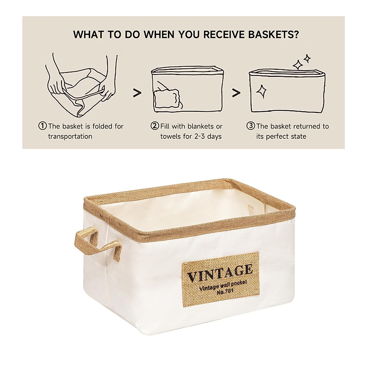 LUFOFOX 3-Pack Storage Baskets for Organizing,Jute Woven Handles Baskets Decorative Small Baskets,Fabric Baskets for Shelf Closet,White,10.6"*8.7"*6.3" (Small)