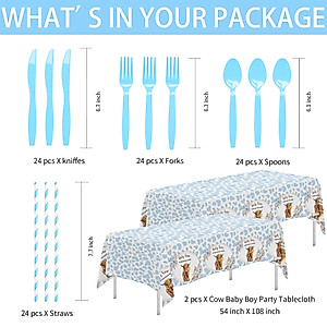APOWBLS Highland Cow Baby Shower Decorations, Holy Cow Baby Boy Party Supplies Tableware, Paper Plate, Cup, Napkin, Tablecloth, Cutlery, Blue Boho Highland Cow Baby Shower Table Decorations | Serve 24
