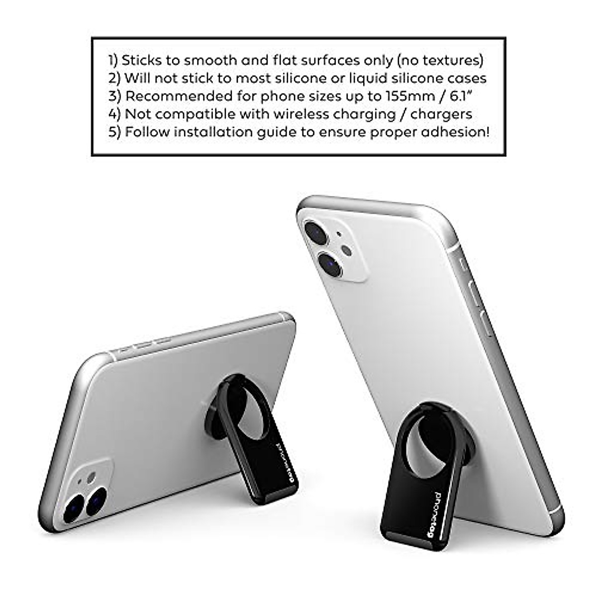 phonetag - Mobile Cell Phone Kickstand & Ring Holder, Stand Your Phone In Portrait & Landscape With The Finger Ring Grip Holder, Use On Magnetic Car Mounts, Compatible With Most Smartphones, Black