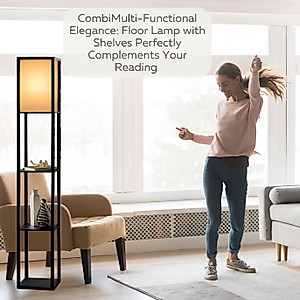 Floor Lamp with Shelves - Room Light by LIGHTACCENTS - Corner Storage Standing Bookshelf Lamp - Bedroom Light with Wooden Storage Shelves and White Cotton Linen Shade (Black)