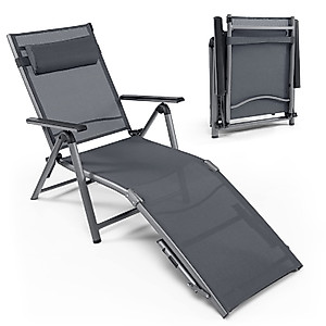 Tangkula Outdoor Aluminum Chaise Lounge Chair, Patio Folding Chaise with 8 Back and 2 Leg Adjustable Positions, Lounge Recliner with Quick-Drying Fabric for Poolside, Backyard, Beach