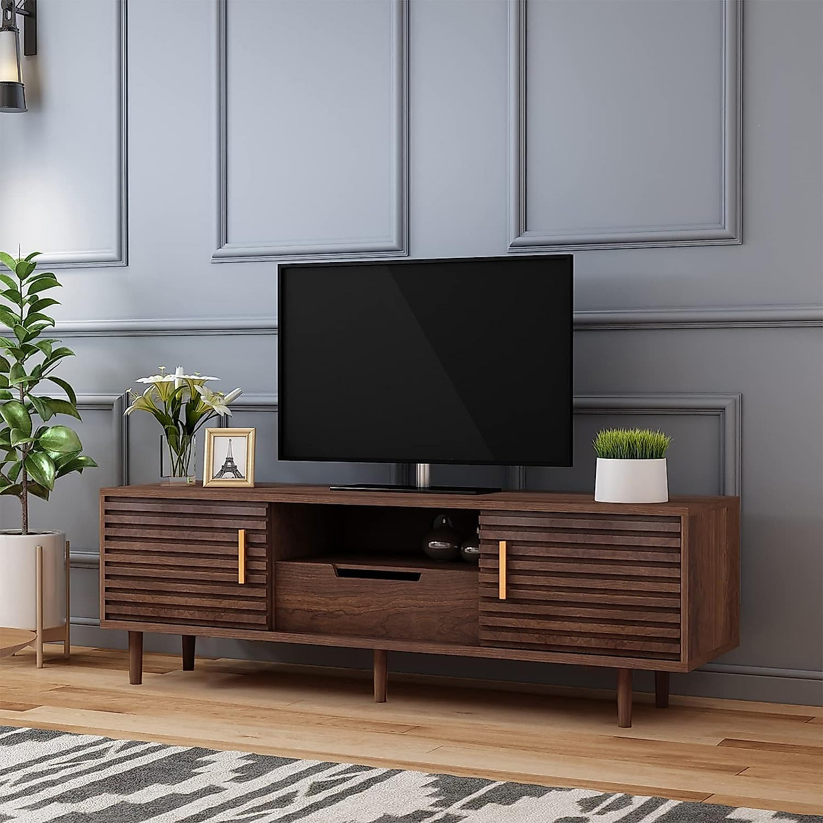 Alohappy Mid-Century Modern TV Stand for 65 Inch TVs, Wood Entertainment Center TV Console Table with Storage Drawer and Open Shelves, Stylish TV Cabinet for Living Room/Bedroom, Brown 59"