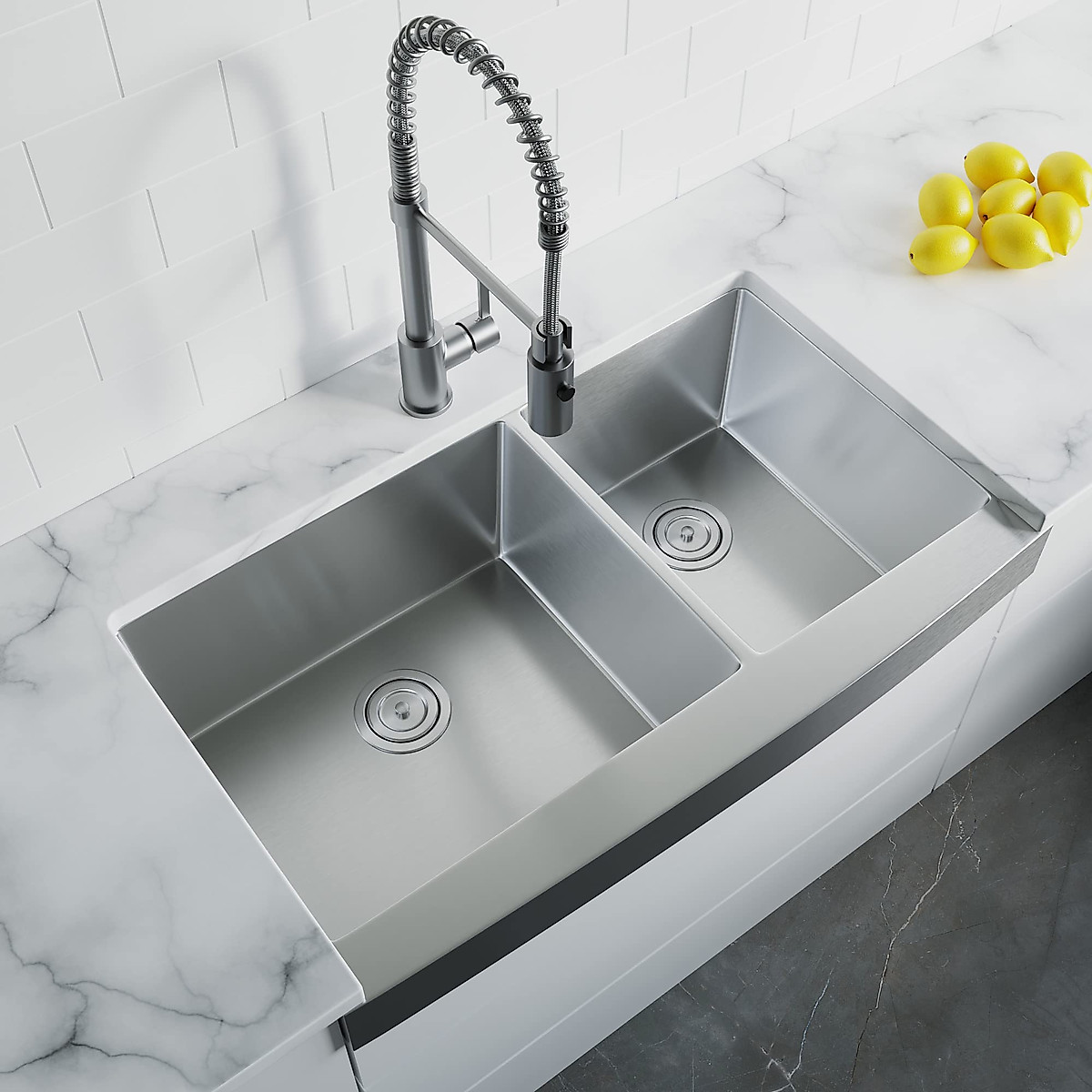 Dowell 10" Deep Apron Front Farmhouse Undermount Double Bowl 35-7/8x20-3/4 Stainless Steel Kitchen Sink (16 Gauge, 6008 3620D)