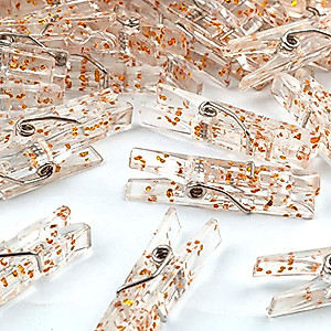 Mini Clothespins, 100 Pieces Clear Plastic Rose Gold Glittered Utility Paper Clip, Photo Paper Peg Pin, Clothes Line Clips, Craft Clips, 3.5 x 0.5cm x 0.7cm