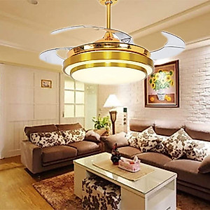 Lighting Groups 42" Retractable Reversible Ceiling Fans with LED Light Remote Control 4 Invisible Clear ABS Blades Livingroom Diningroom Fan Chandelier Indoor Ceiling Light Kits with Fans (Gold-01)