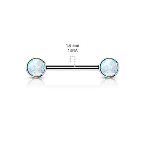 Pierced Owl 14G Implant Grade Titanium Internally Threaded Bezel Set Synthetic Opal Nipple Barbells, Sold as a Pair (White)