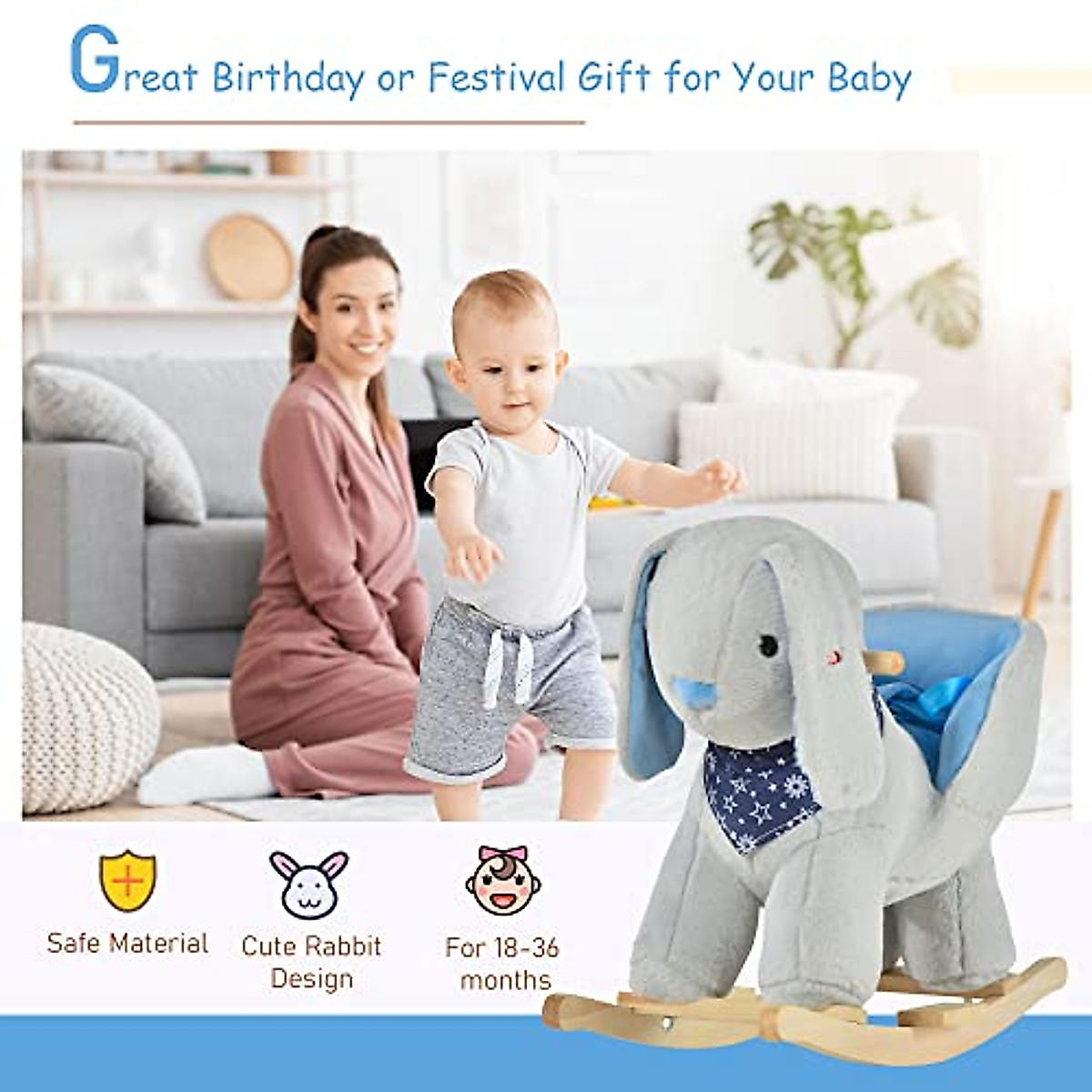 Qaba Kids Ride-On Rocking Horse Toy Bunny Rocker with Fun Play Music & Soft Plush Fabric for Children 18-36 Months