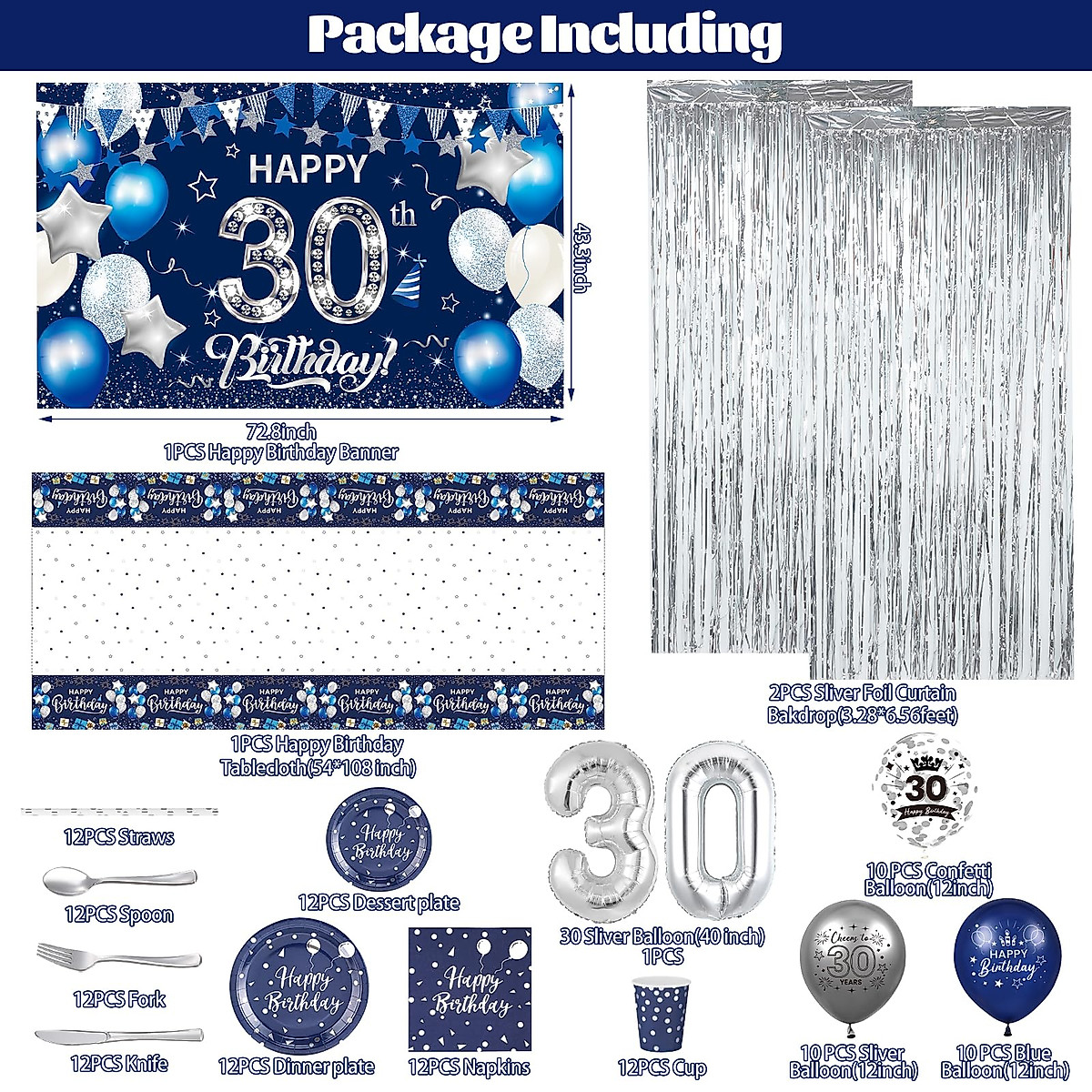 30th Birthday Decorations for Men and Women, 131 PCS Navy Blue Silver 30th Birthday Party Supplies Includes Blue Happy 30th Birthday Banner Balloons Napkins Cups Tablecloth Plates Foil Backdrops for