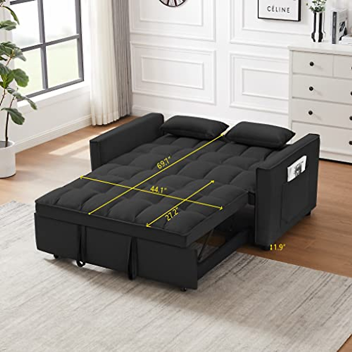 ERYE Loveseat Sofa Convertible Sleeper Couch Bed W/Pull Out Sleep Daybed, Functional Reclining Backrest Love Seat Sofa & Couch for Living RoomTwin Black Velvet 2 Pillows Both Side Pockets