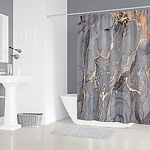 Alabohuke 4PCS Ash Gold Marble Shower Curtain Set, Stylish Modern Bathroom Decor, with Rugs and Accessories Non-Slip Rug,Toilet Lid Cover,Bath Mat and 12 Hooks, 70.8 X 70.8 in