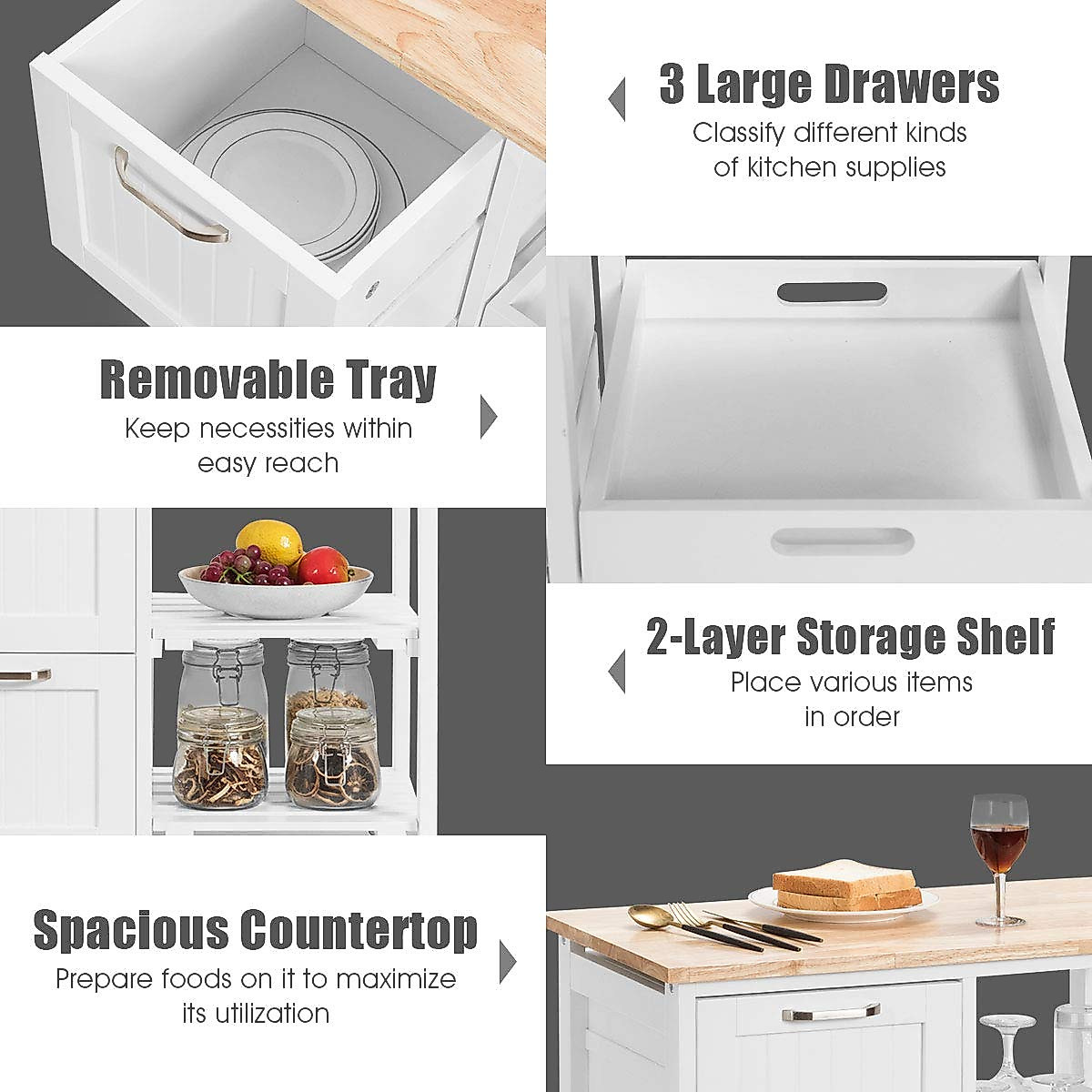 Giantex Kitchen Island Cart, Home Bar Serving Cart, Kitchen Trolley with 3 Large Drawers, Storage Shelf and 3 Tier Shelves, Rolling Storage Cabinet, Mobile Cart (White)