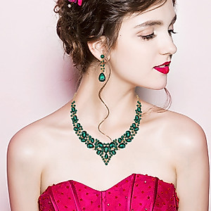 CSY 4 Pcs/Set Austrian Crystal Necklace Earrings Bracelet Ring Bridal Jewelry Sets for Brides Wedding Party Costume Accessories Gifts for Women (02-gold plated-green)