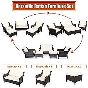 Tangkula 5 Pieces Patio Furniture Set, Outdoor Rattan Conversation Sofa Set with Loveseat, Single Sofas and Ottoman, Sectional Sofa Set with Removable Cushions for Backyard, Balcony, Lawn (Beige)