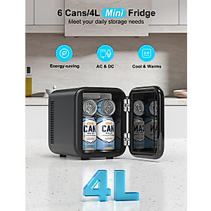 CROWNFUL Mini Fridge, 4 Liter/6 Cans Portable Skincare Fridge, AC/12V DC Cooler and Warmer Personal Refrigerator for Bedroom, Car, Dorm, Office, Food, ETL Listed Black