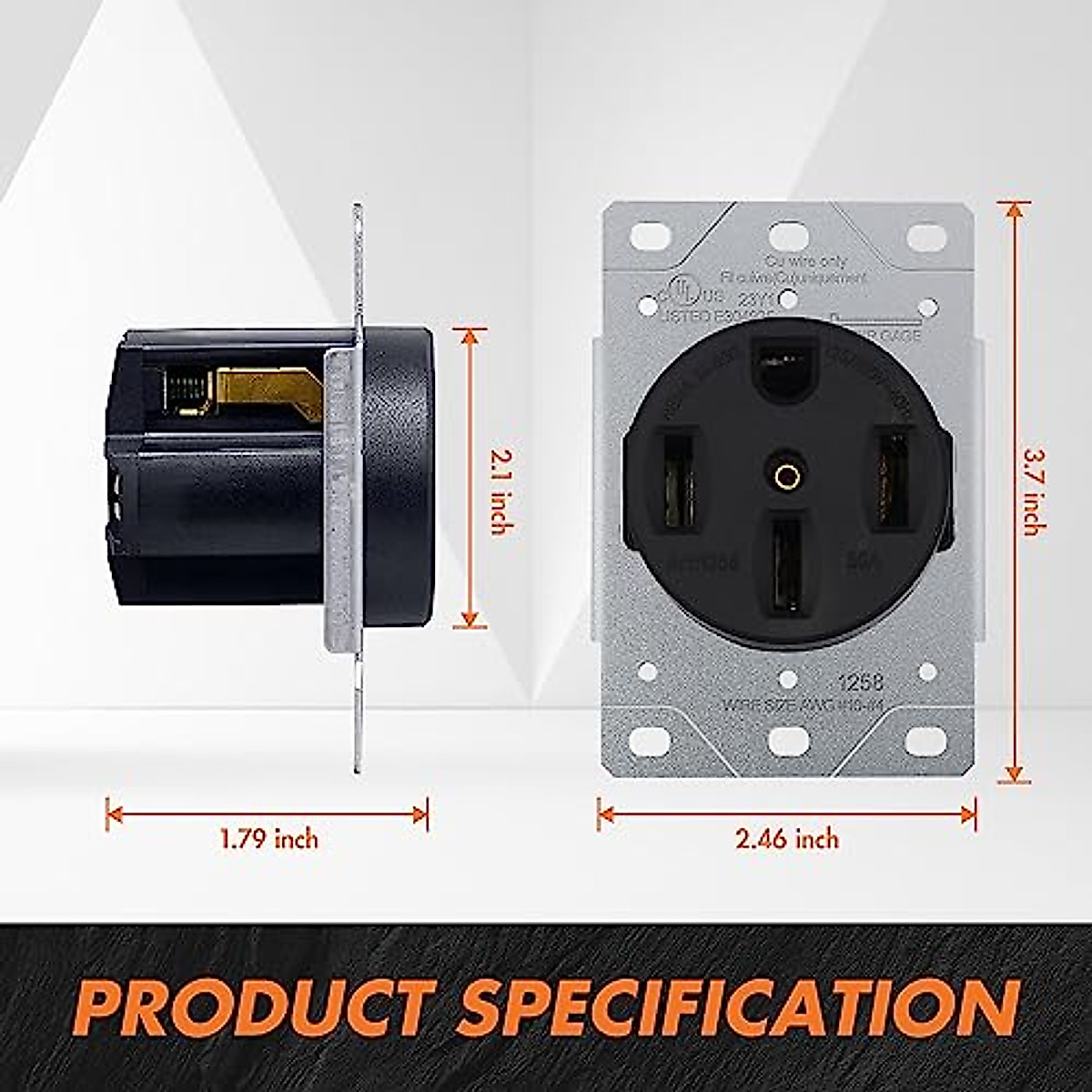 NEMA 14-50R Receptacle 50 Amp Flush Mounting Outlet with Wall Plate, 3 Pole, 4 Wire 125/250V, Heavy Duty Commercial Industrial Grade UL Listed, Micmi
