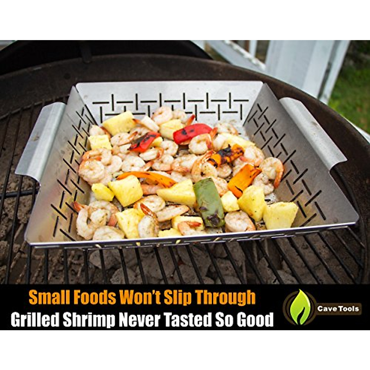 Cave Tools Vegetable Grill Basket - Large Non Stick BBQ Grid Pan for Vegetables, Meat, Fish, Shrimp, & Fruit - Dishwasher Safe Stainless Steel - BBQ Grill Accessories
