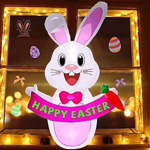 4 FT Easter Inflatable Outdoor Decorations Bunny Broke Out from Window, Easter Blow-up Yard Decorations with Banner, Build-in LED Lights, Easter Inflatable Decor for Holiday Party, Indoor, Lawn