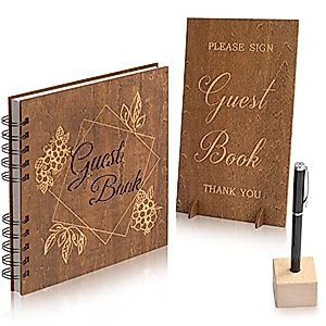 Creawoo Wooden Wedding Guest Book Reception Sign in Photo Album with Table Sign, Pen & Holder, Hardcover Memory Registry Guestbook with 90 White Pages for Baby Shower, Birthday, Bridal Shower, Wedding