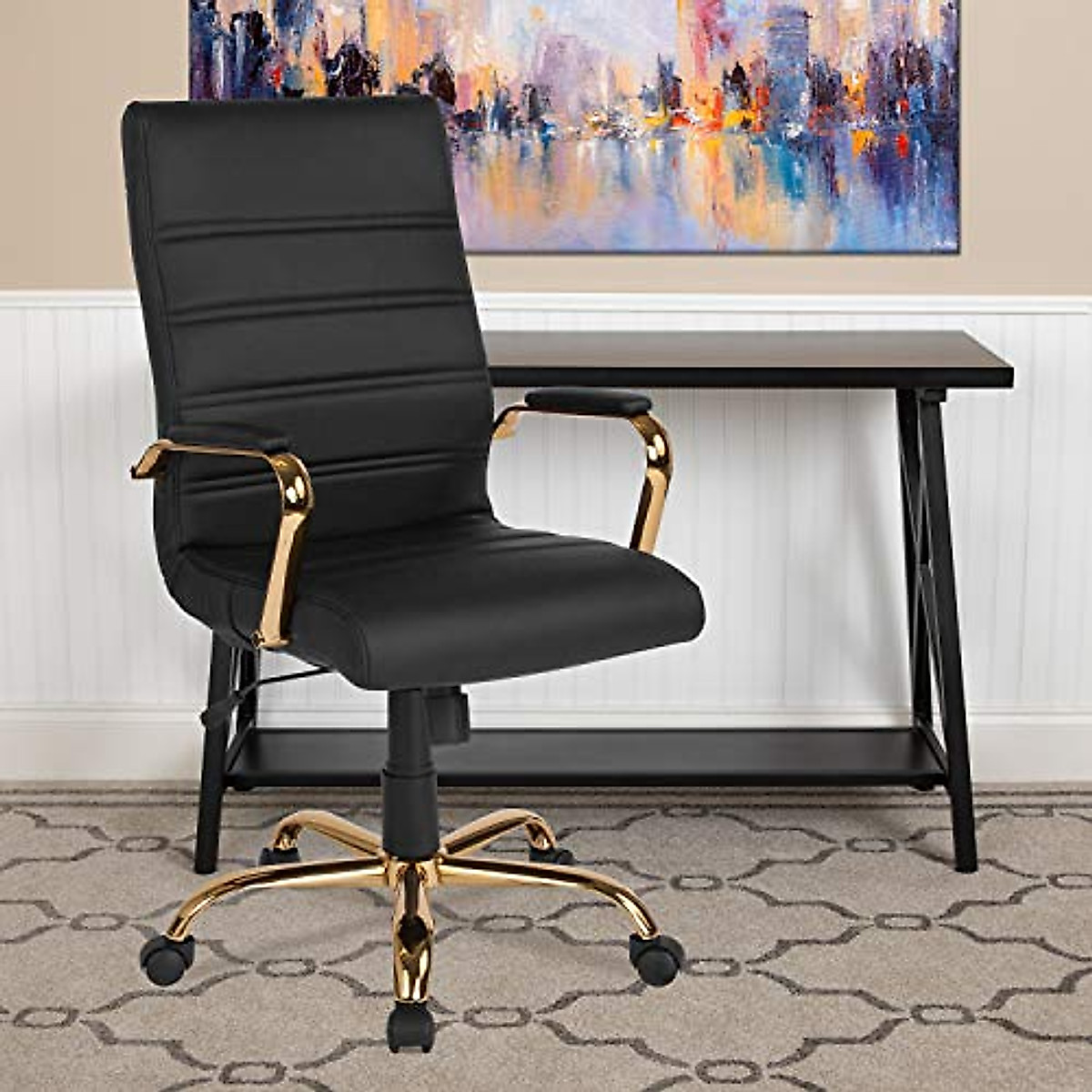 Flash Furniture Whitney High Back Desk Chair - Black LeatherSoft Executive Swivel Office Chair with Gold Frame - Swivel Arm Chair