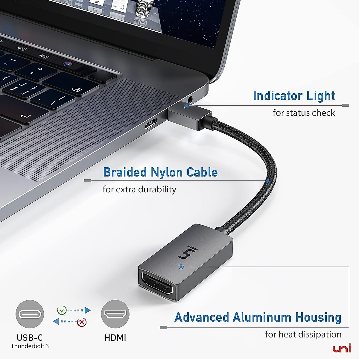 uni USB C to HDMI Adapter 4K, High Speed HDMI to USB-C Adapter, Type C (Thunderbolt 3/4) HDMI Converter Compatible with MacBook Pro/Air, Chromebook, XPS, Surface, iPhone 15 Pro/Max, Galaxy S23