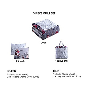 Bebejan Nicole 3 Piece Reversible Gray Ombre Quilt Set, 100% Cotton, 230 Thread Count, Red, Blue Floral Bedspread Print Pattern, Lightweight, Soft, Luxury, 1 Quilt, 2 Shams (Queen)