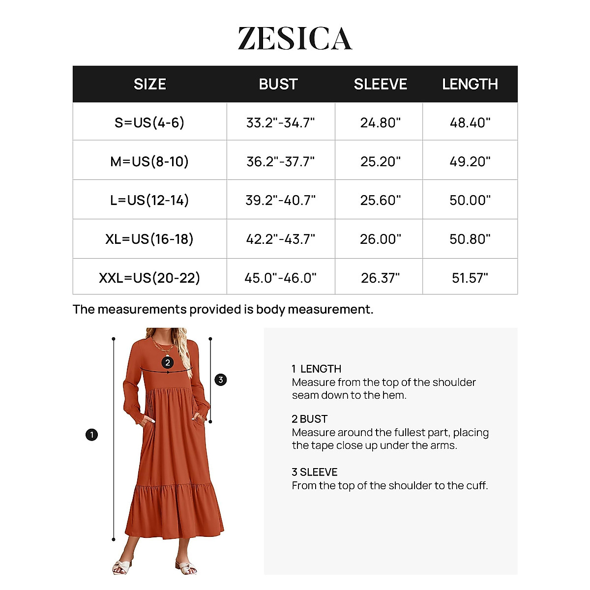 ZESICA Women's 2024 Fall Long Sleeve Dress Crewneck Casual Loose Pleated Tiered Swing Midi Dresses with Pockets,Rust,Medium