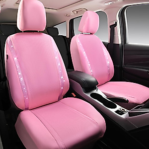 CAR PASS Bling Car Seat Covers, Shining Rhinestone Waterproof Faux Leather Pink Car Accessories Two Front Only Universal Fit Auto Glitter Crystal Sparkle Strips for Cute Women Girl, Pink Diamond